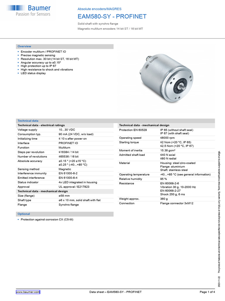 Baumer EAM580-SY-PROFINET EN 20231122 DS | PDF | Manufactured Goods | Electrical Engineering