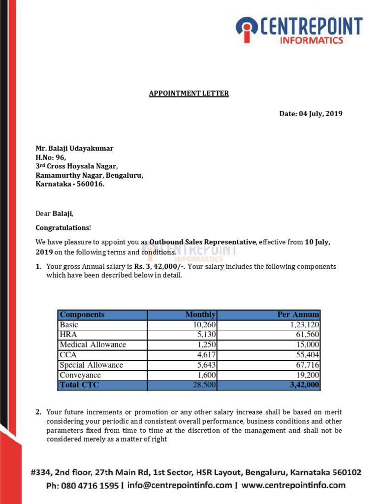 Centrepoint Informatics Offer Letter | PDF | Employment | Confidentiality