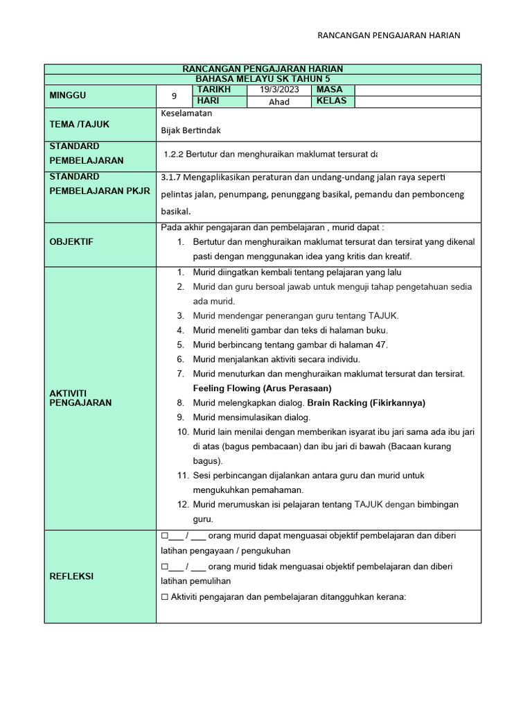 RPH Ringkas Minggu 9 BM SK THN 5 2024 by Cikgu Gorgeous | PDF | Karier & Perkembangan