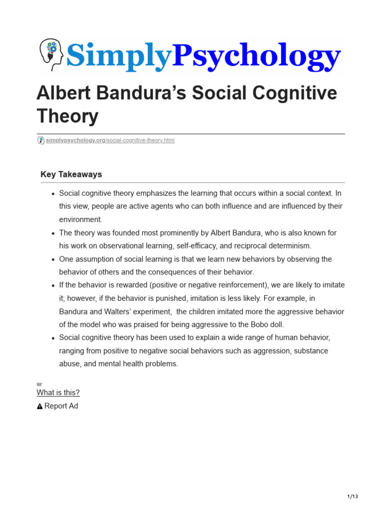Albert Banduras Social Cognitive Theory | PDF | Self Efficacy ...