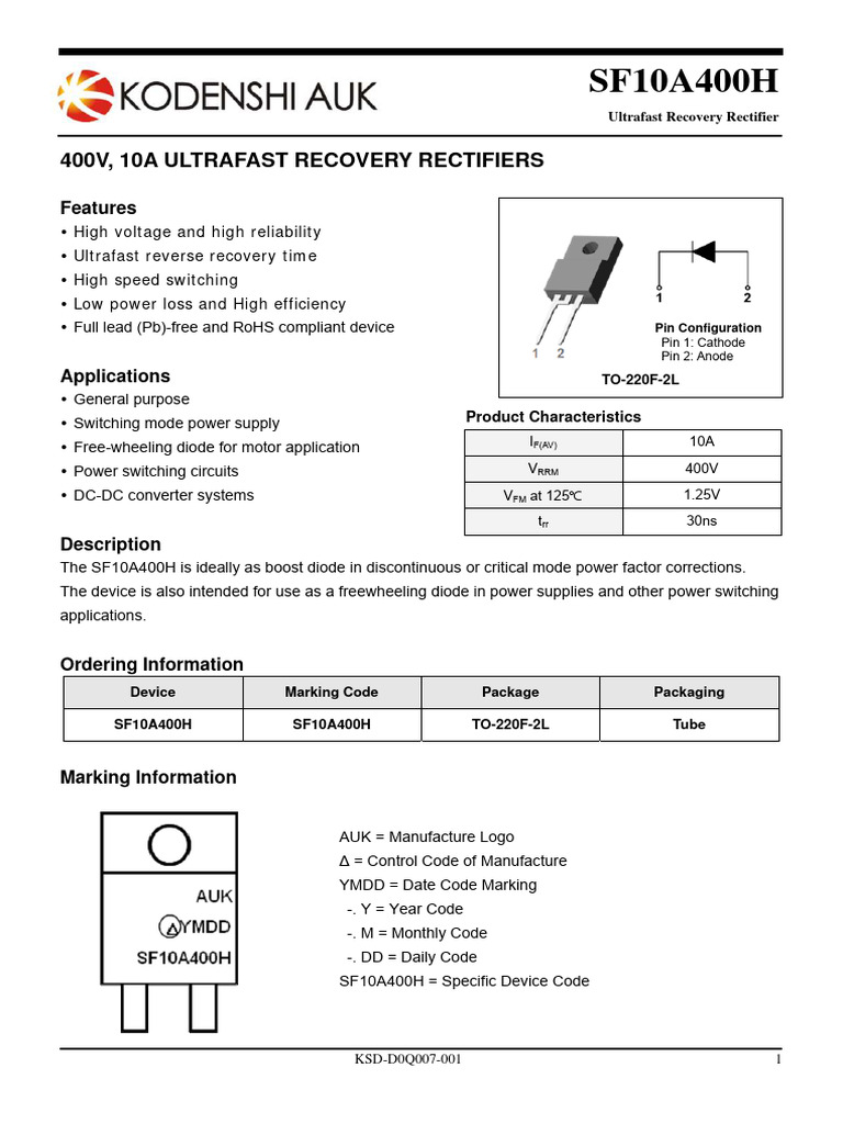 SF10A400H: 400V, 10A Ultrafast Recovery Rectifiers | Download Free PDF ...