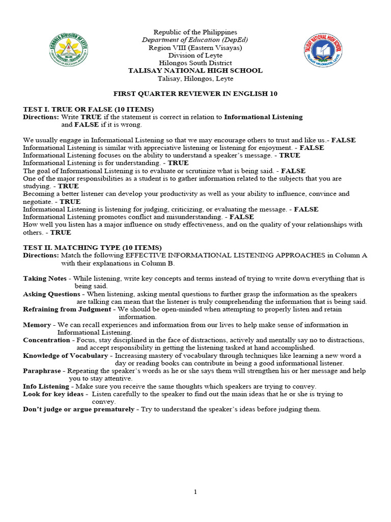 First Quarter Reviewer in English 10 SY 2023 2024 | PDF | Information ...