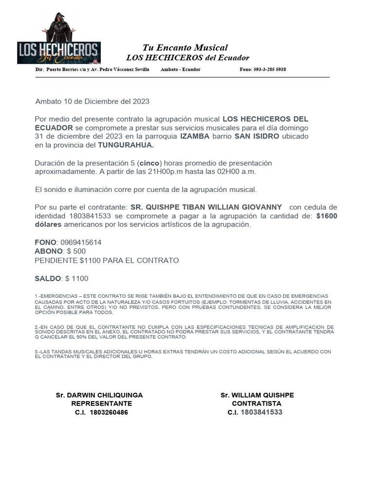 Contrato de Grupo Los Hechiceros Pisacha 25 2023 | PDF