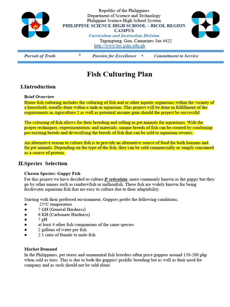 Apigo, Cura, Jamora - Fish Culturing Plan | PDF | Aquarium | Water