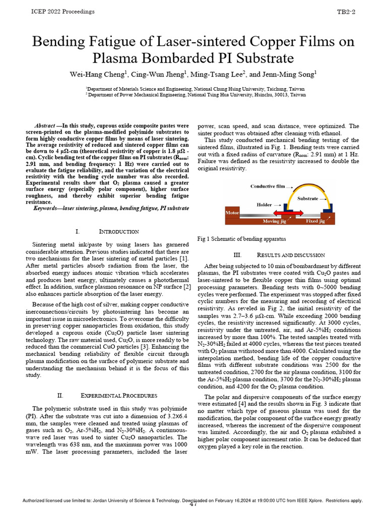 Bending Fatigue of Laser-Sintered Copper Films On Plasma Bombarded PI ...