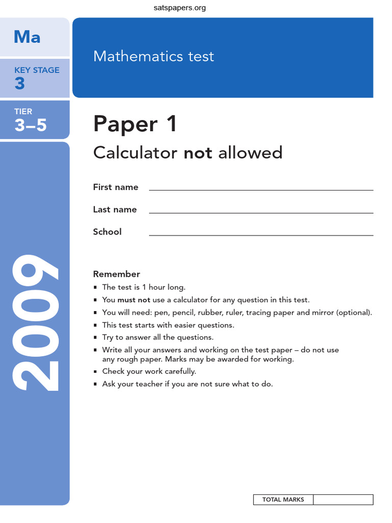 2009 KS3 Maths - Paper 1 - Final | PDF | Area