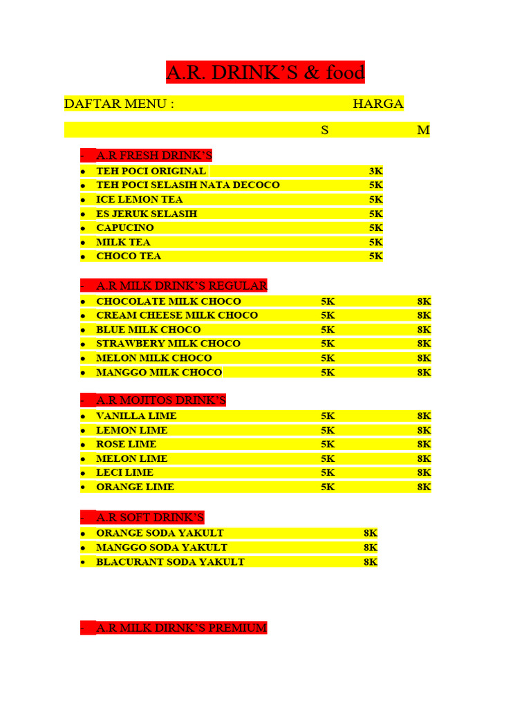 Daftar Menu a.r Editor Grafika | PDF | Drink | Foods
