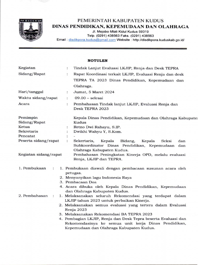 Notulen Rapat Koordinasi LKJIP | PDF