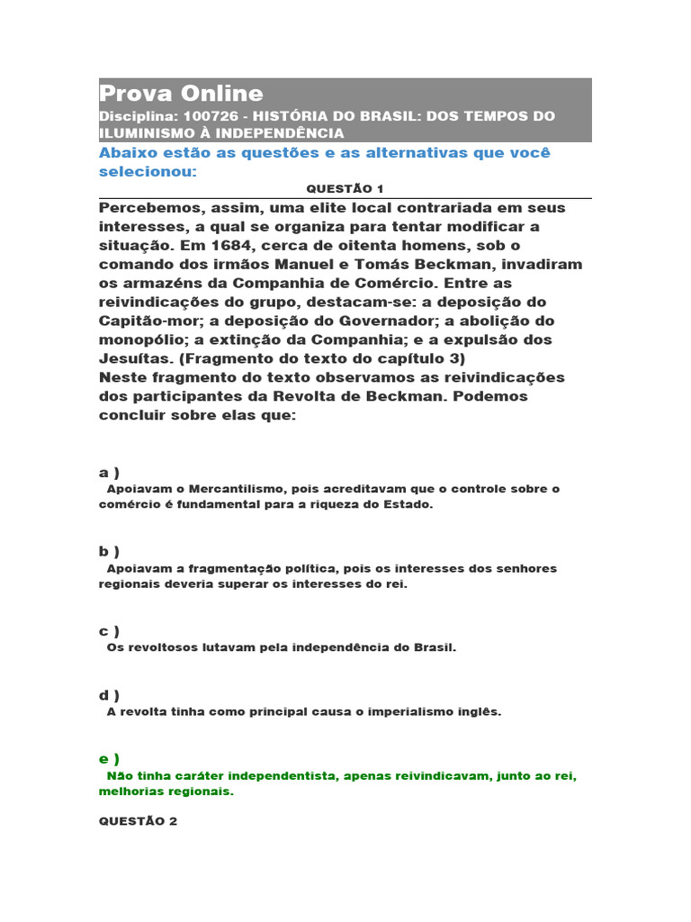Prova Online HISTORIA DO BRASIL - DOS TEMPOS DO ILUMINISMO A INDEPENDENCIA | PDF | Brasil | Portugal