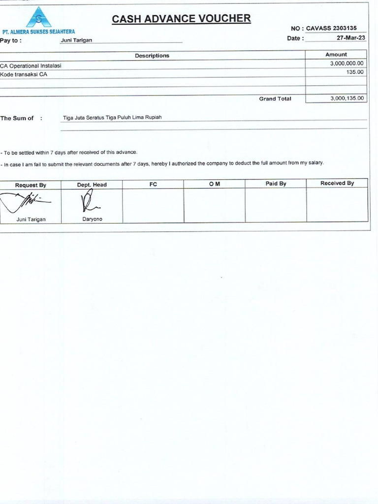 Cavass 2303135 (CA Operasional Instalasi) | PDF