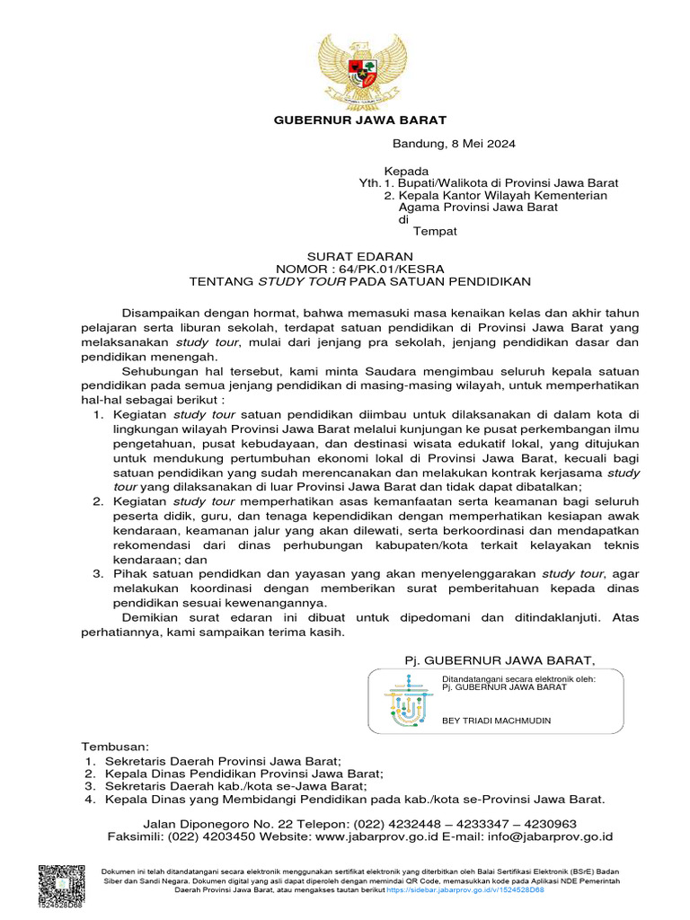 Surat Gubernur Jabar - Study Tour Satuan Pendidika 240512 165922 | PDF