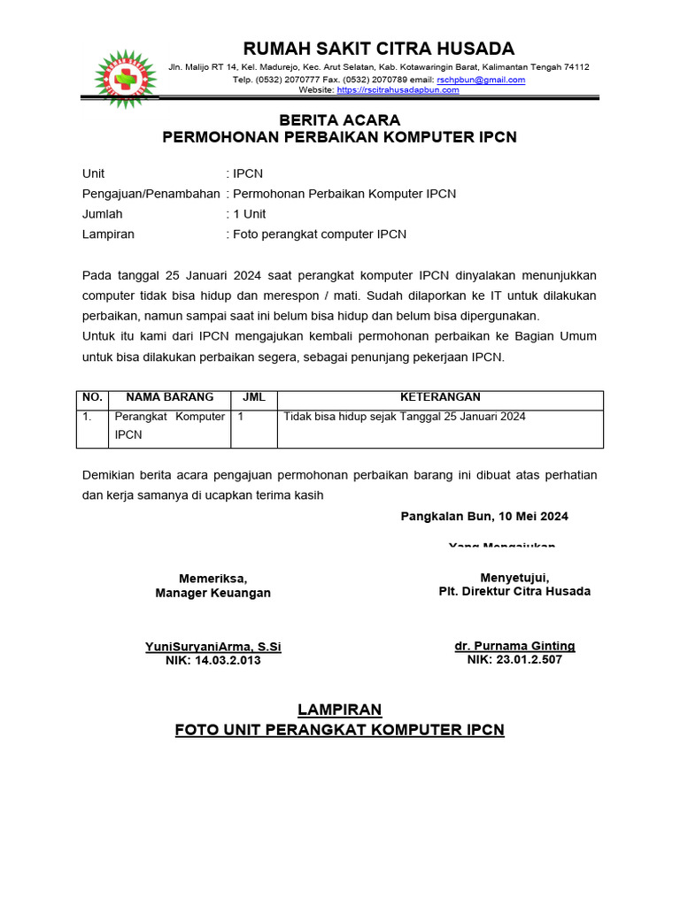 Berita Acara Permohonan Perbaikan Komputer Ipcn | PDF