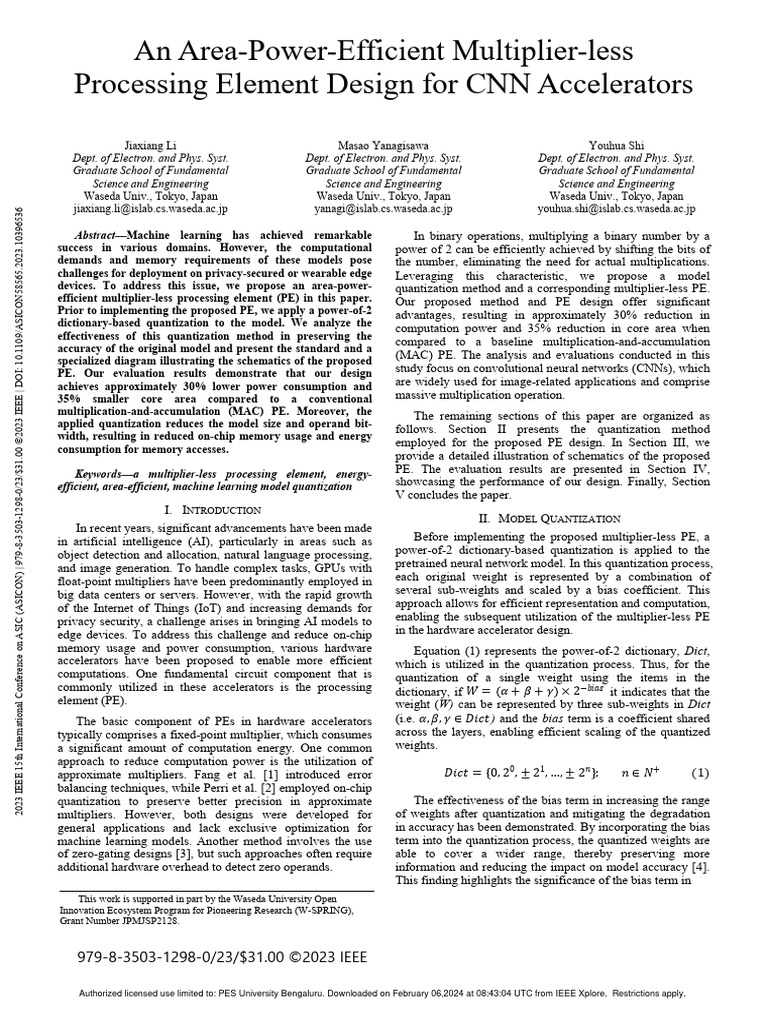 An Area Power Efficient Multiplier Less Processing Element Design For Cnn Accelerators Pdf
