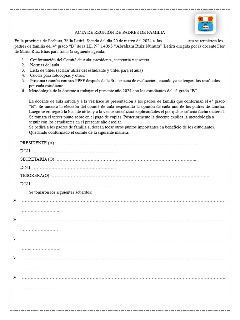 Acta Primera Reunión Cuarto B | PDF