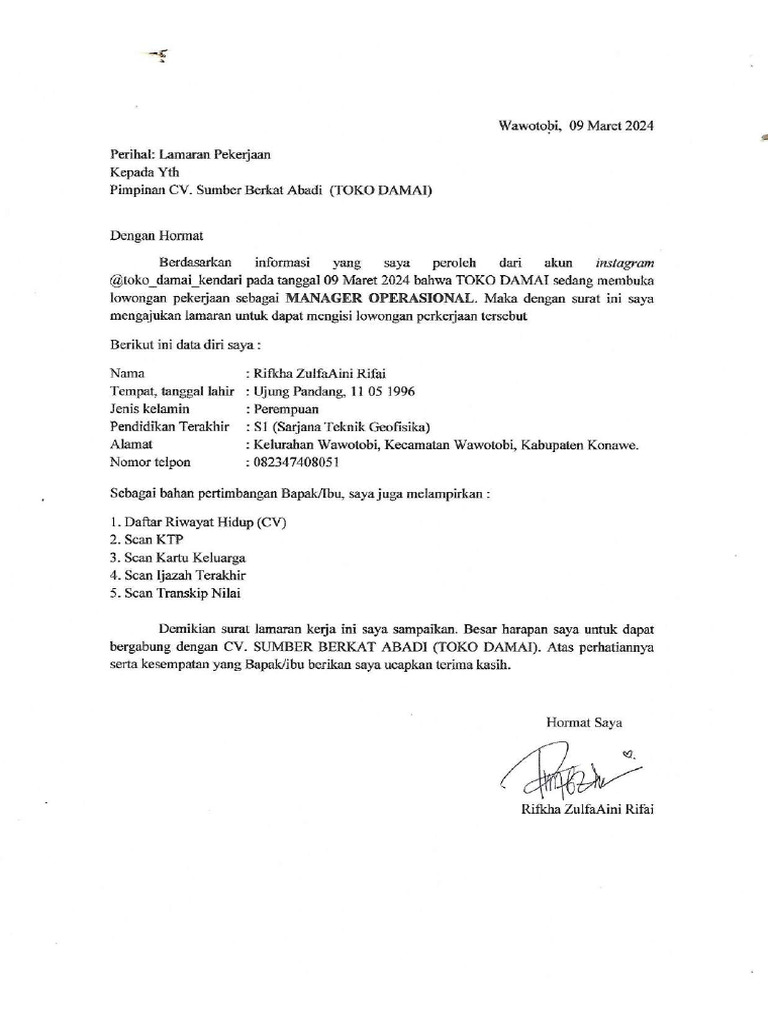 Scan SURAT LAMARAN KERJA TOKO DAMAI | PDF