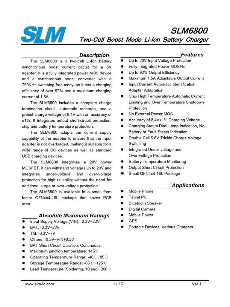 SLM6800 en | PDF | Capacitor | Battery Charger