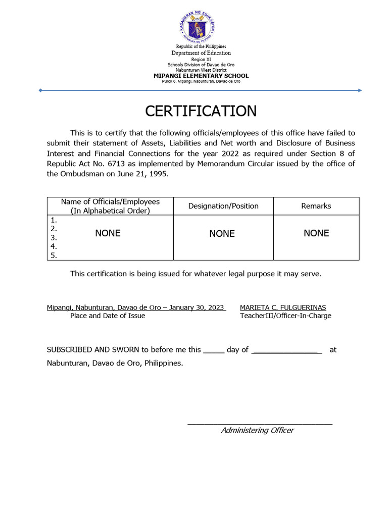 Certification Saln and Cedula 2021 | PDF | Philippines