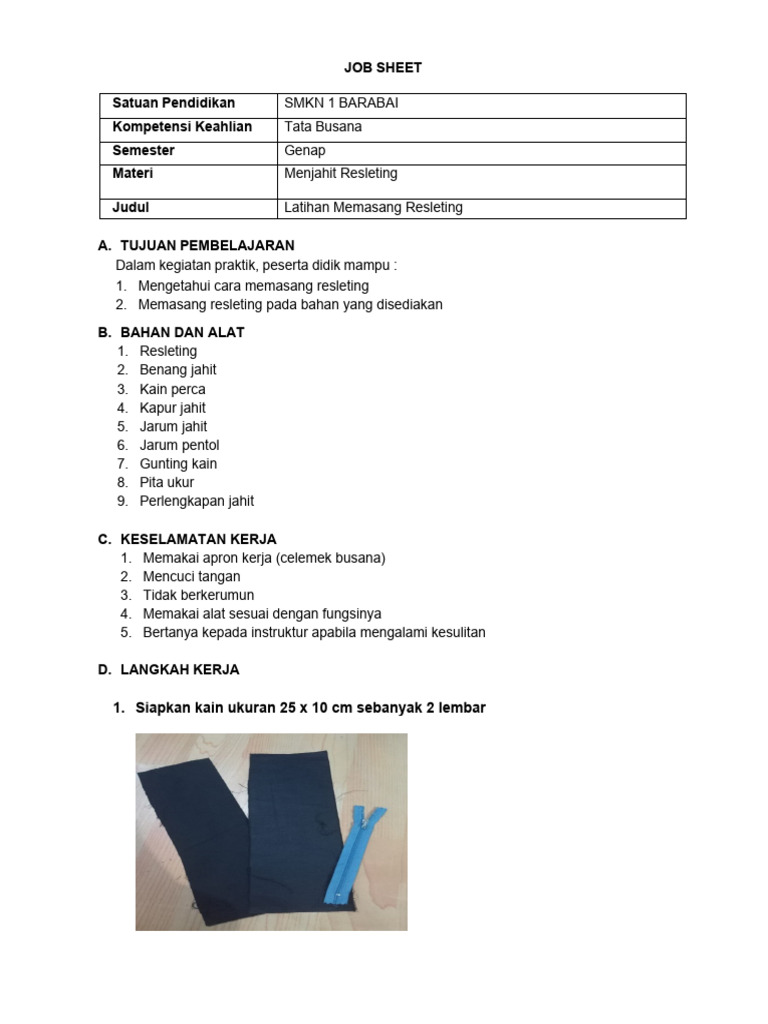Job Sheet Cara Memasang Resleting | PDF