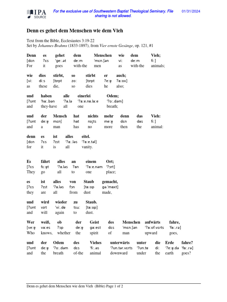 Denn Es Gehet Dem Menschen Wie Dem Vieh - Brahms's Four Serious Songs No. 1 - IPA | PDF