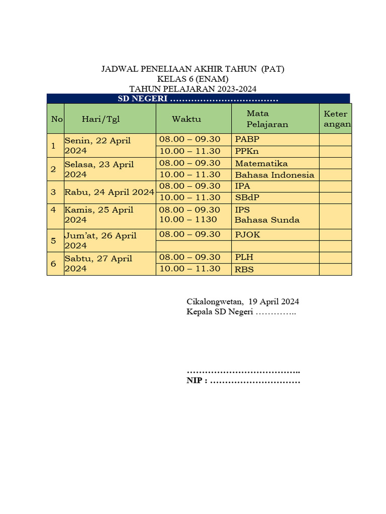 Draft JADWAL PAT KELAS 6 | PDF