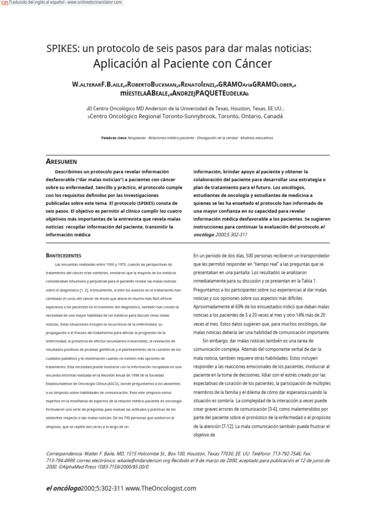 Protocolo SPIKES para Dar Malas Noticias | PDF | Oncología | Cáncer