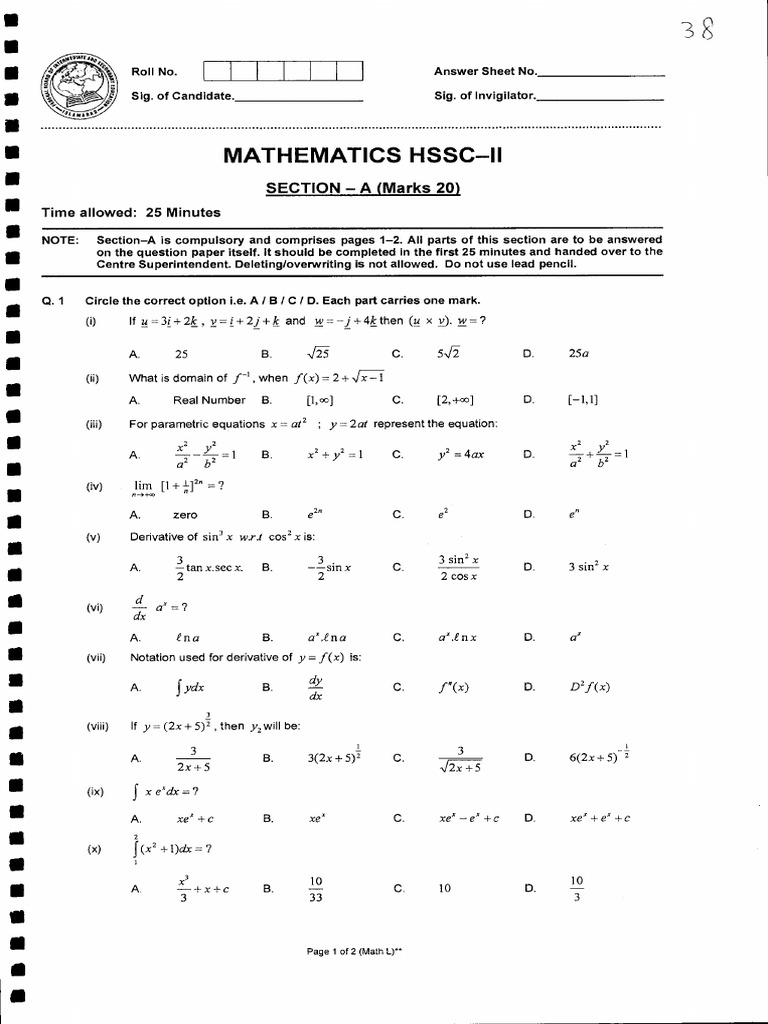Mathematics HSSC II Annual 2015 Fbise | PDF