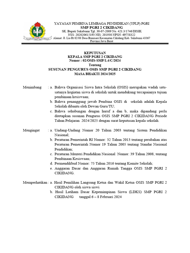 Pengurus OSIS SMP PGRI 2 Cikidang | PDF