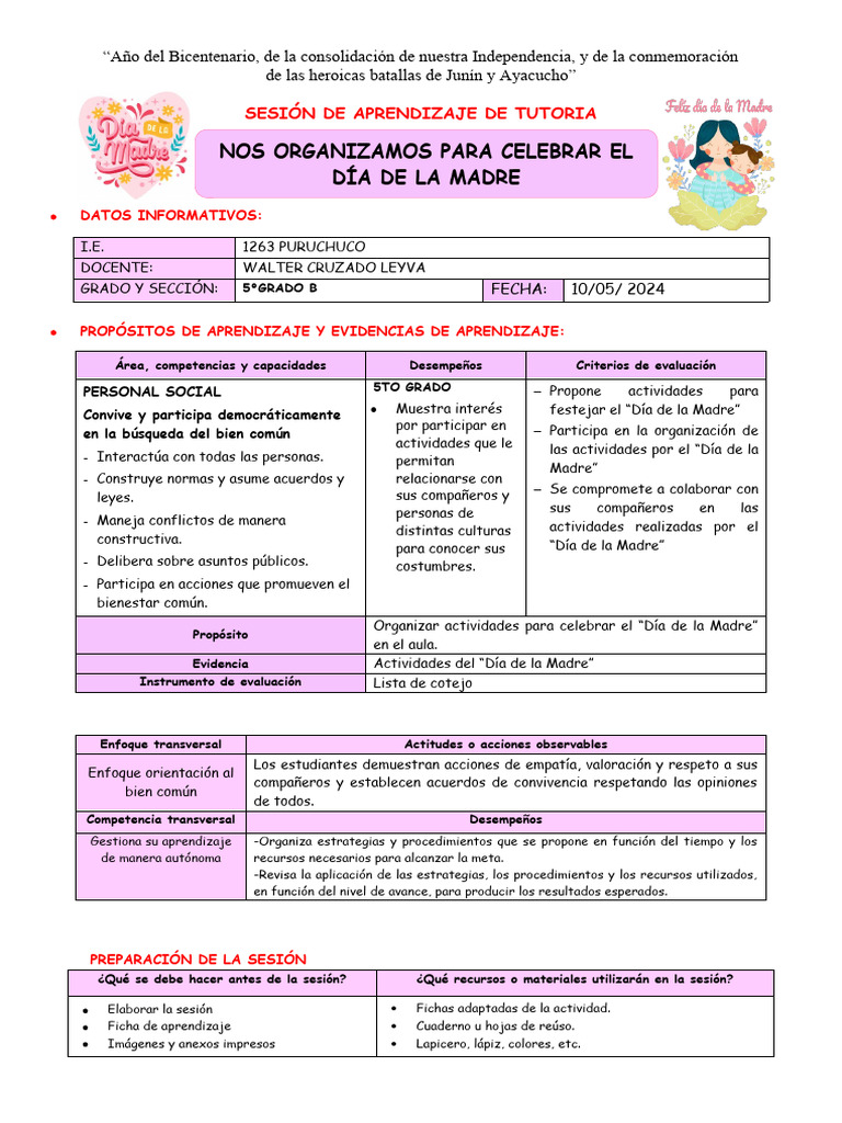 Ses-Viern-Tut-Nos Organizamos para Celebrar El Día de La Madre | PDF | Evaluación | Aprendizaje