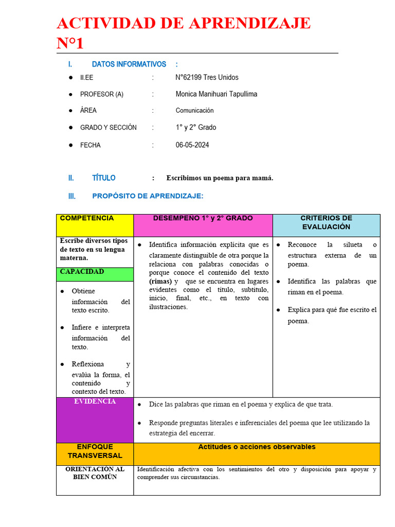 Sesion Leemos Un Poema para Mamá | PDF | Evaluación | Aprendizaje Sesion Leemos Un Poema para Mamá | PDF | Evaluación | Aprendizaje