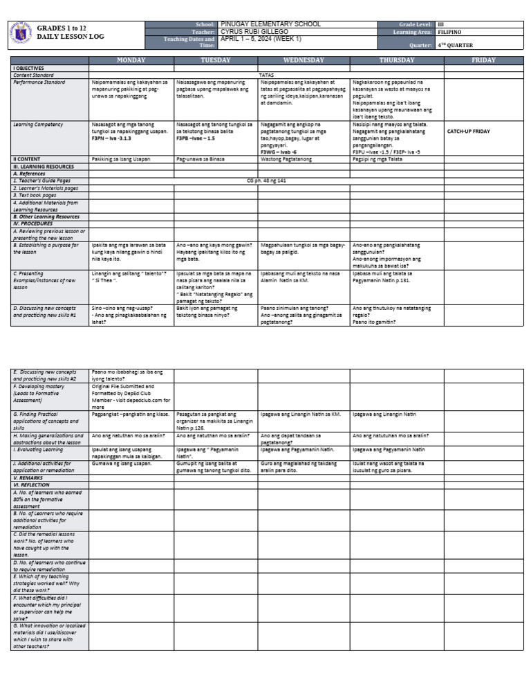 DLL - Filipino 3 - Q4 - W1 | PDF