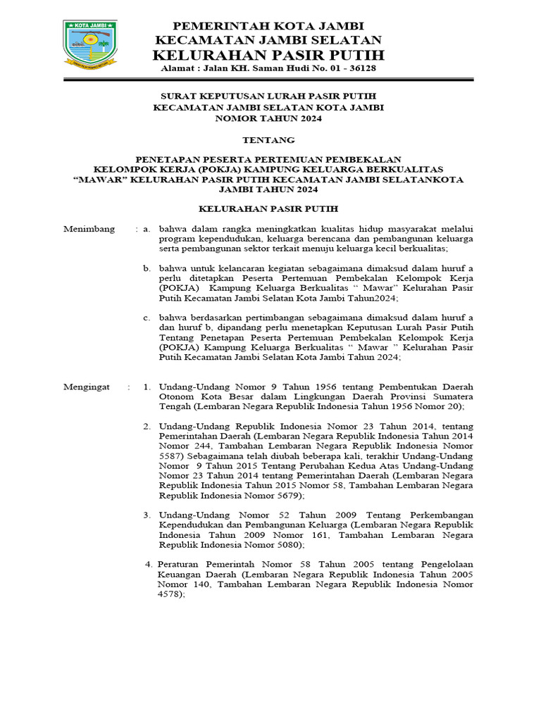 SK Pembekalan Pokja Kampung KB Mawar 2024 | PDF