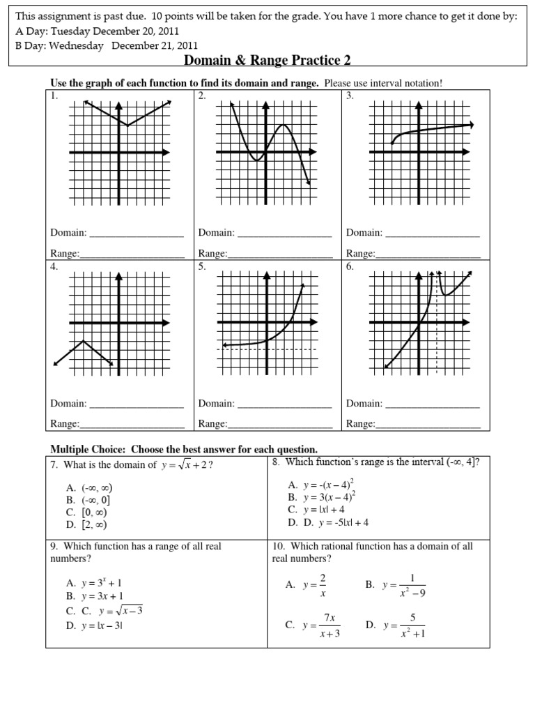 Domain and Range Practice 2 - Past Due | PDF | Function (Mathematics ...