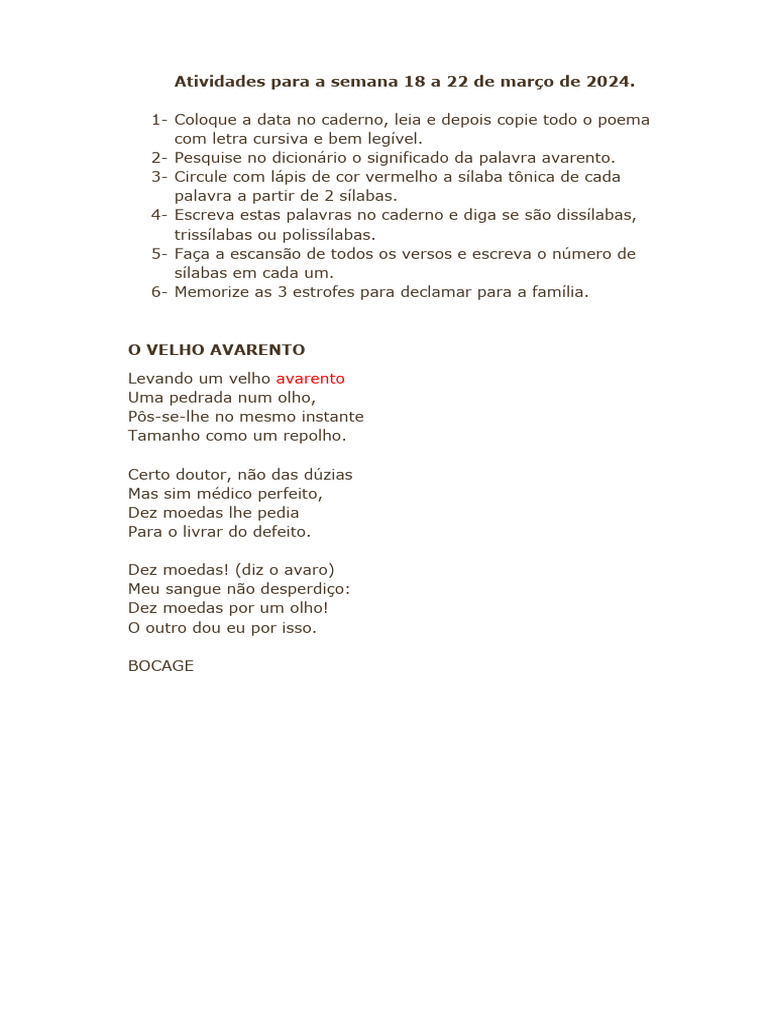 Atividades Poema de Bocage O Velho Avarento. | PDF