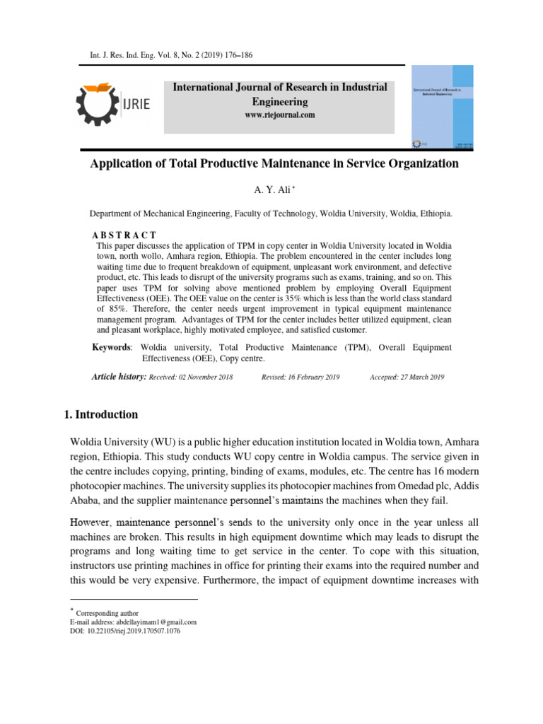 Application of Total Productive Maintenance in Service Organization | PDF | Reliability ...