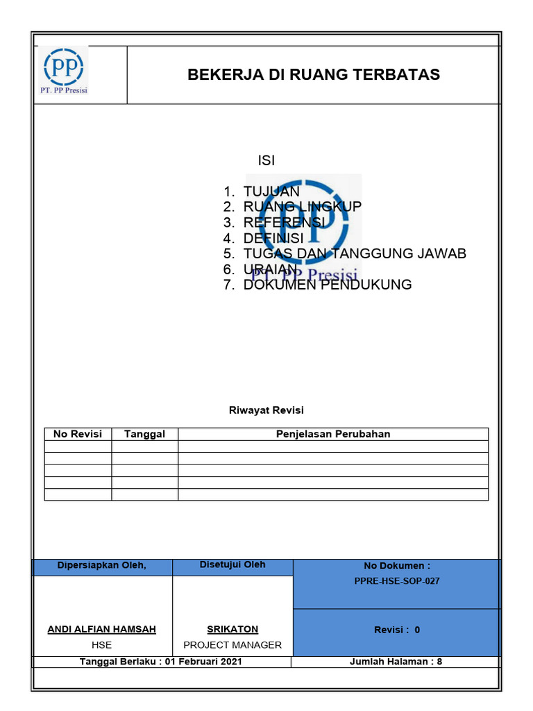 PPRE-HSE-SOP-027 BEKERJA DIRUANG TERBATAS (Dokumen Pendukung Belum Ada) | PDF | Teknologi & Rekayasa