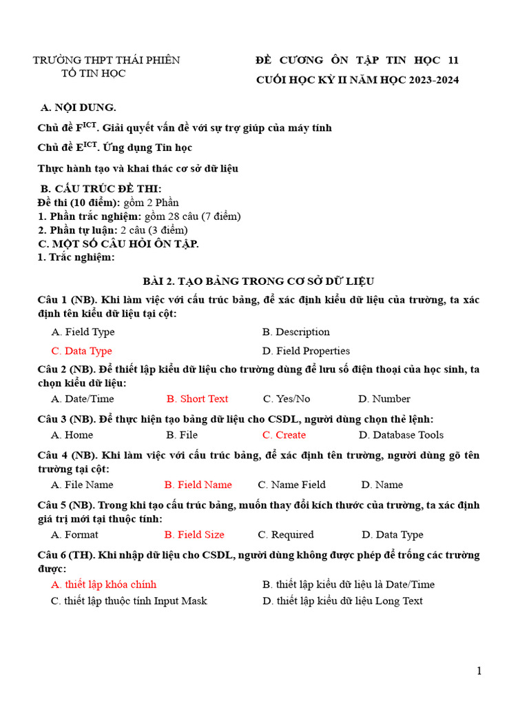 ĐỀ CƯƠNG - CUỐI HK2 - K11 | PDF