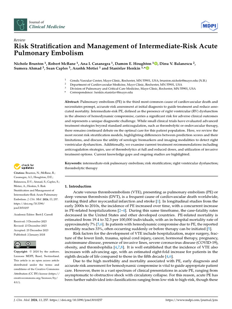 Risk Stratification And Management Of Intermediate Risk Acute Pulmonary