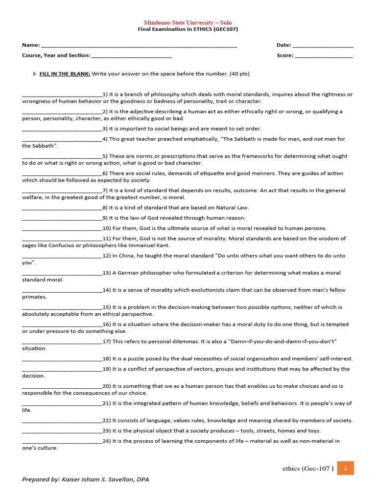 Ethics Final Exam | PDF | Morality | Etiquette