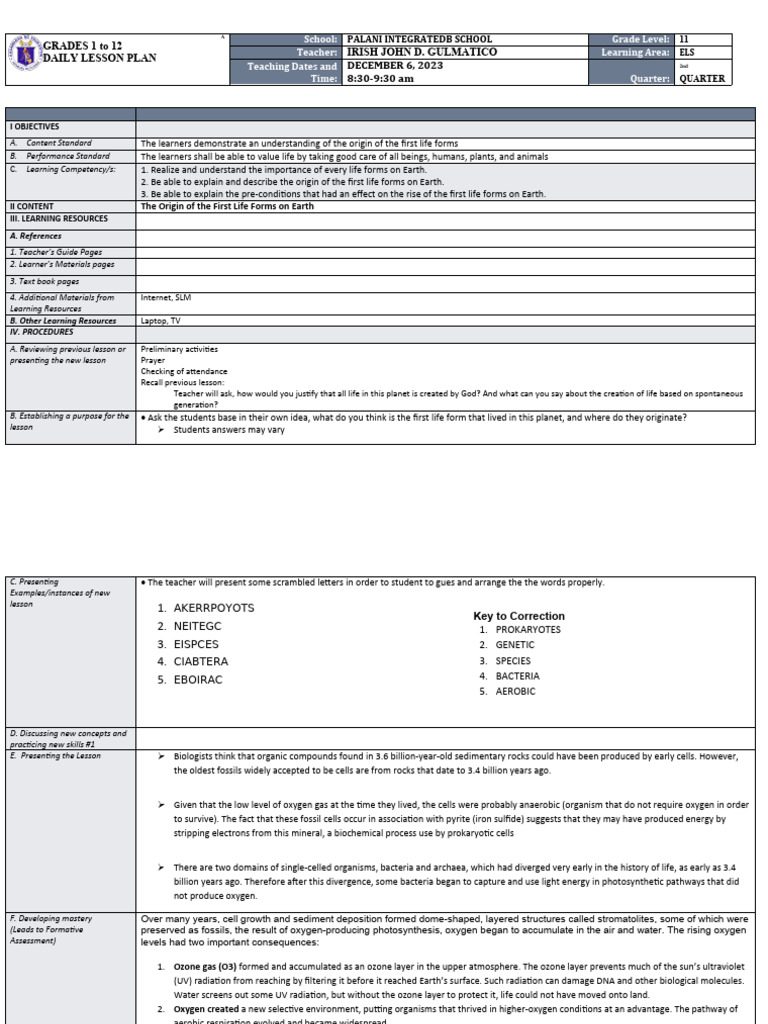 ELS-DLP Q2 - The Origin of The First Life Forms On Earth | PDF | Cell ...