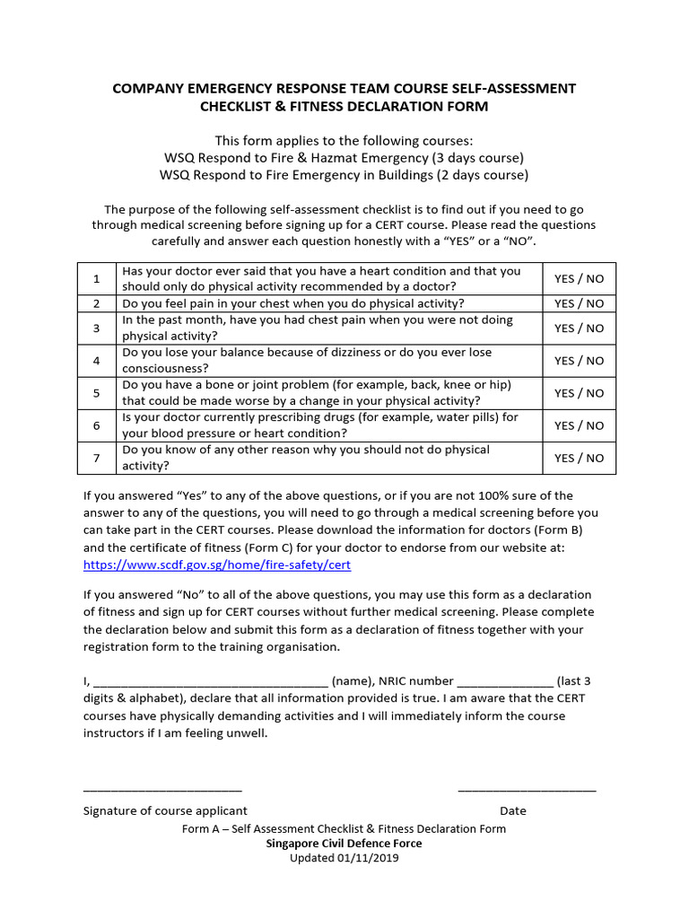Cert Course Medical Form A Self Assessment Checklist Fitness ...