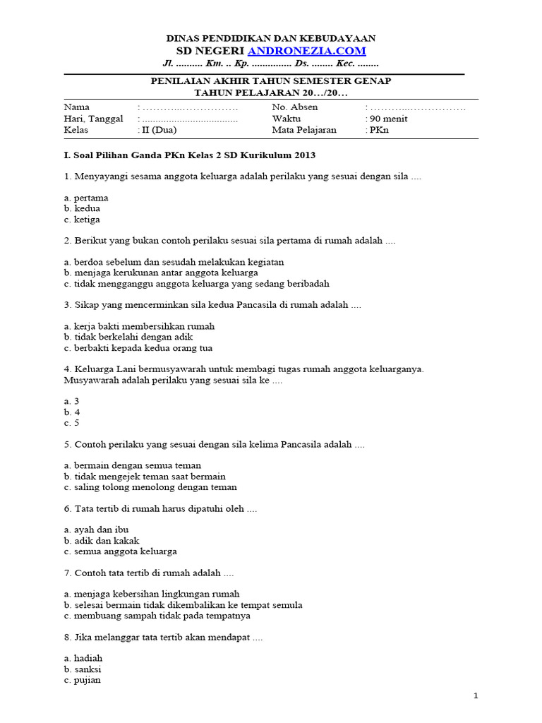 Soal PAT PKN Kelas 2 - 1 | PDF