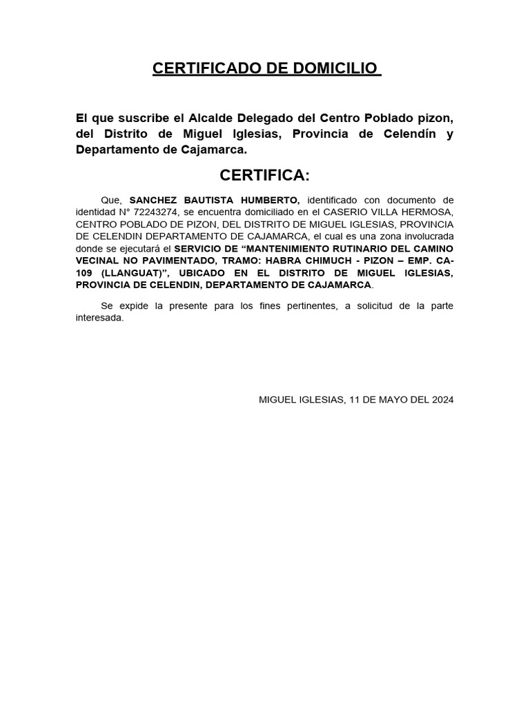 Constancia de Domicilio - Pizon | PDF