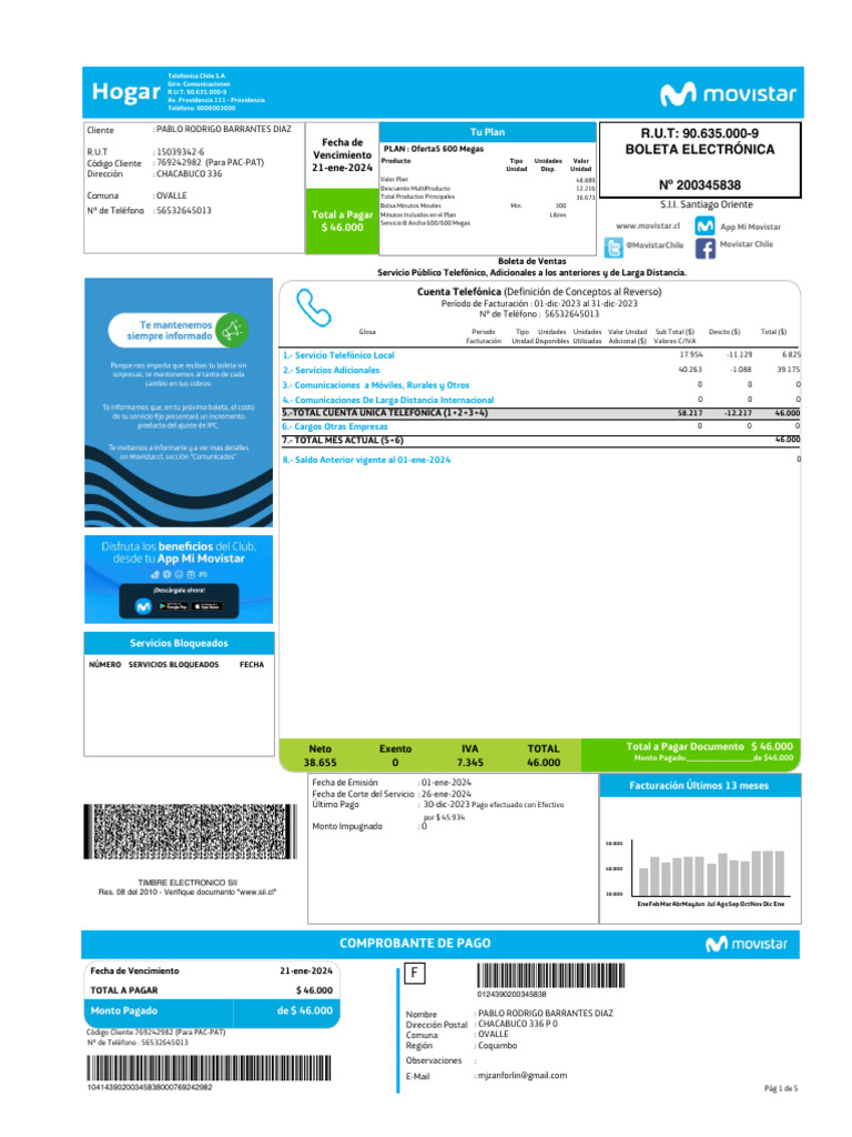Boleta Folio 0200345838 Fecha de Vencimiento 21-Ene-2024 Cliente ...