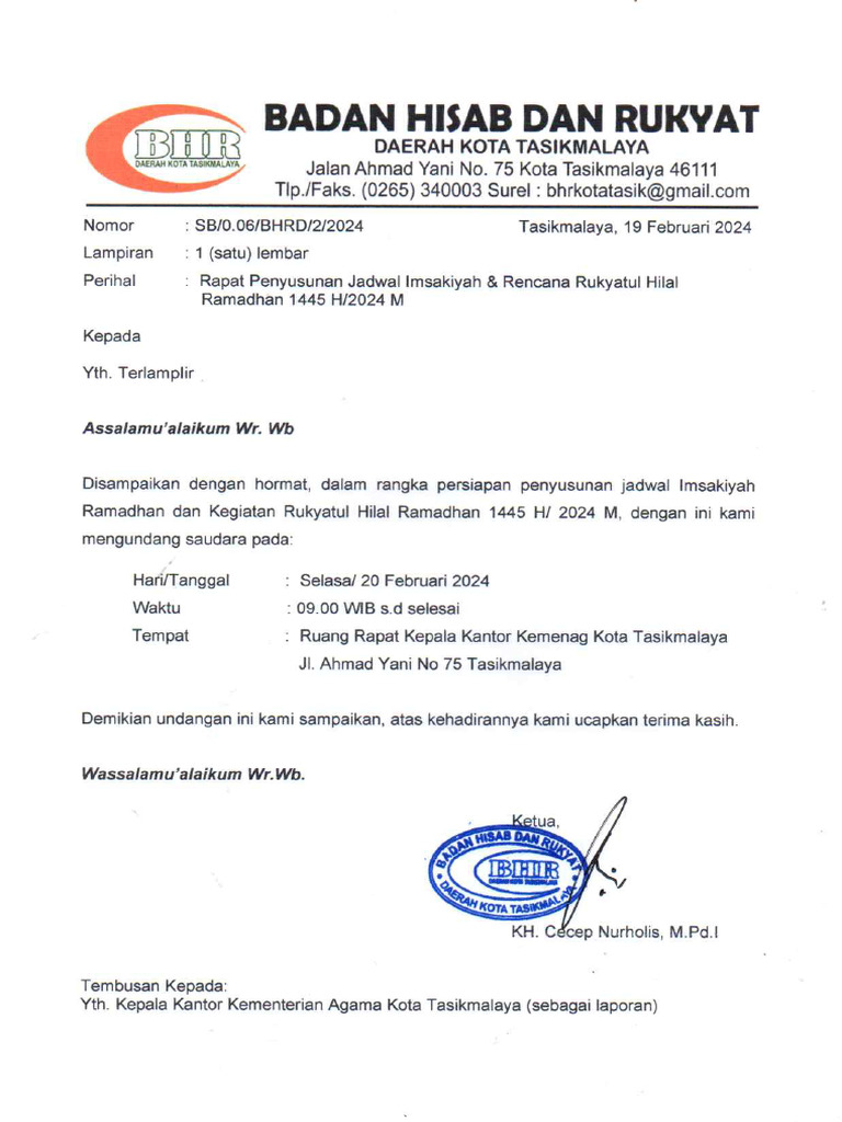 Undangan Rapat Penyusunan Jadwal Imsyakiyah 1445 H-2024 M | PDF