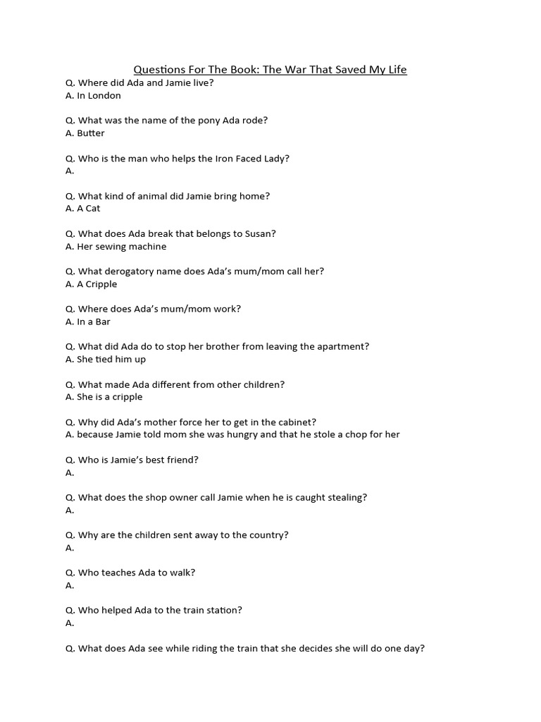Questions on "The War That Saved My Life" | PDF | Art | Poetry