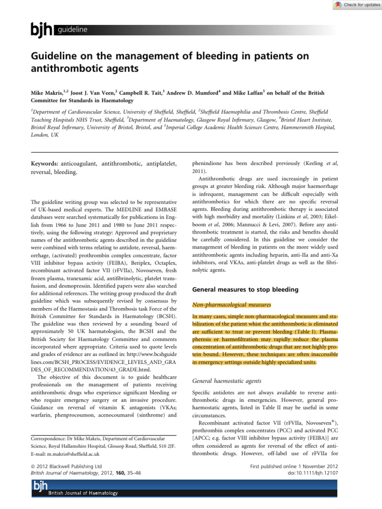Guideline On The Management of Bleeding in Patients On Antithrombotic ...