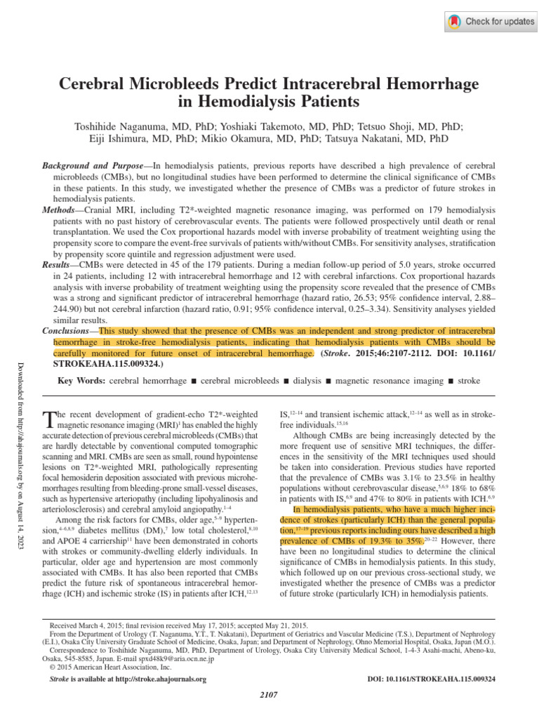 Cerebral Microbleeds Predict Intracerebral Hemorrhage in Hemodialysis Patients | PDF | Stroke ...