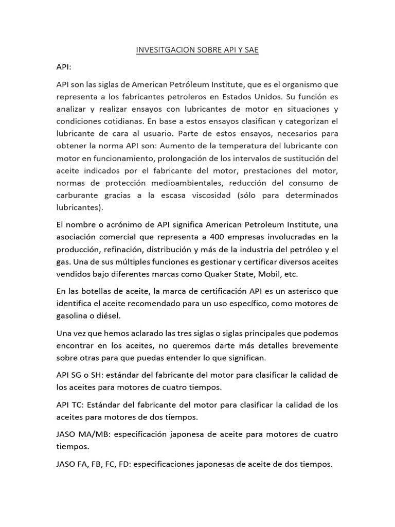 Significado de API y SAE en lubricantes | PDF | Lubricante | Viscosidad