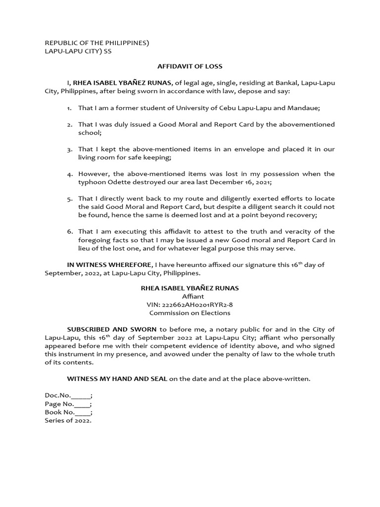 Affidavit of Loss for Report Card | PDF