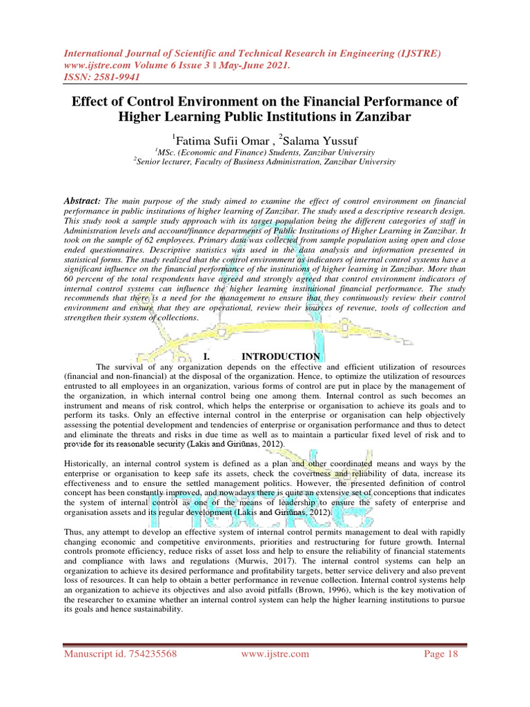 Effect of Control Environment On The Financial Performance of Higher ...